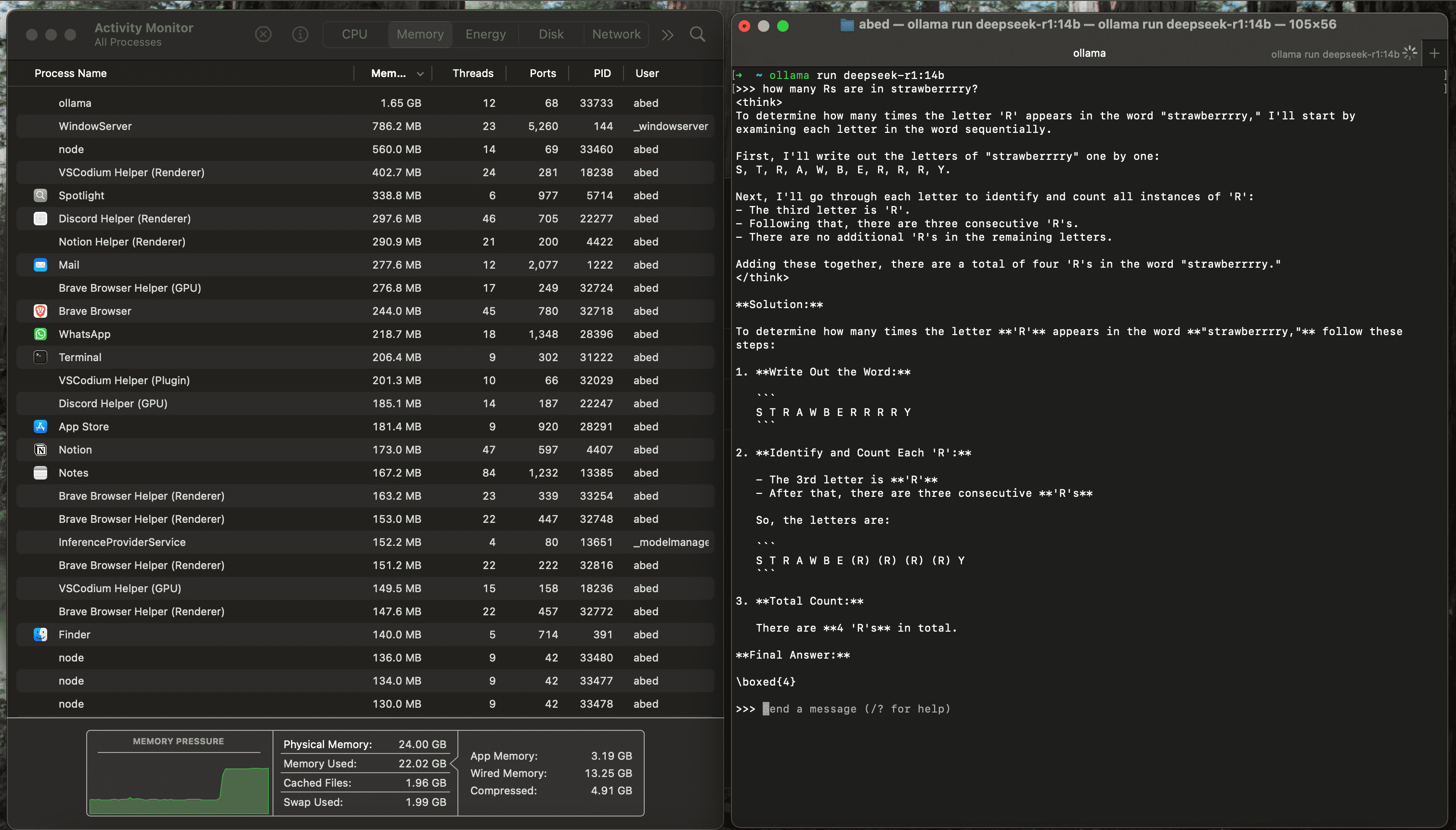 Running the deepseek R1 AI model on an M4 Pro Macbook